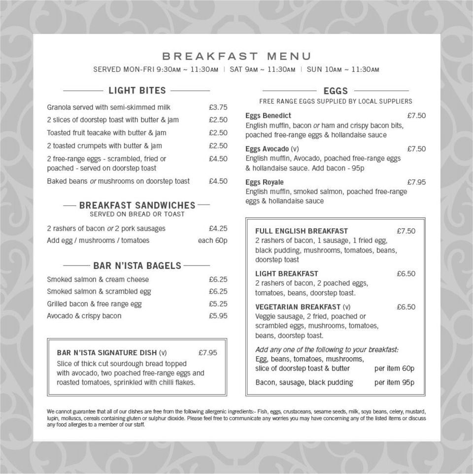 Cafe Nista Breakfast and Lunch Menu